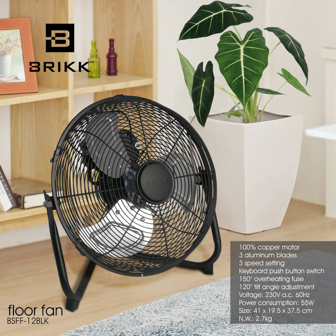 Brikk BSFF-12BLK 12" Floor Fan - Ansons