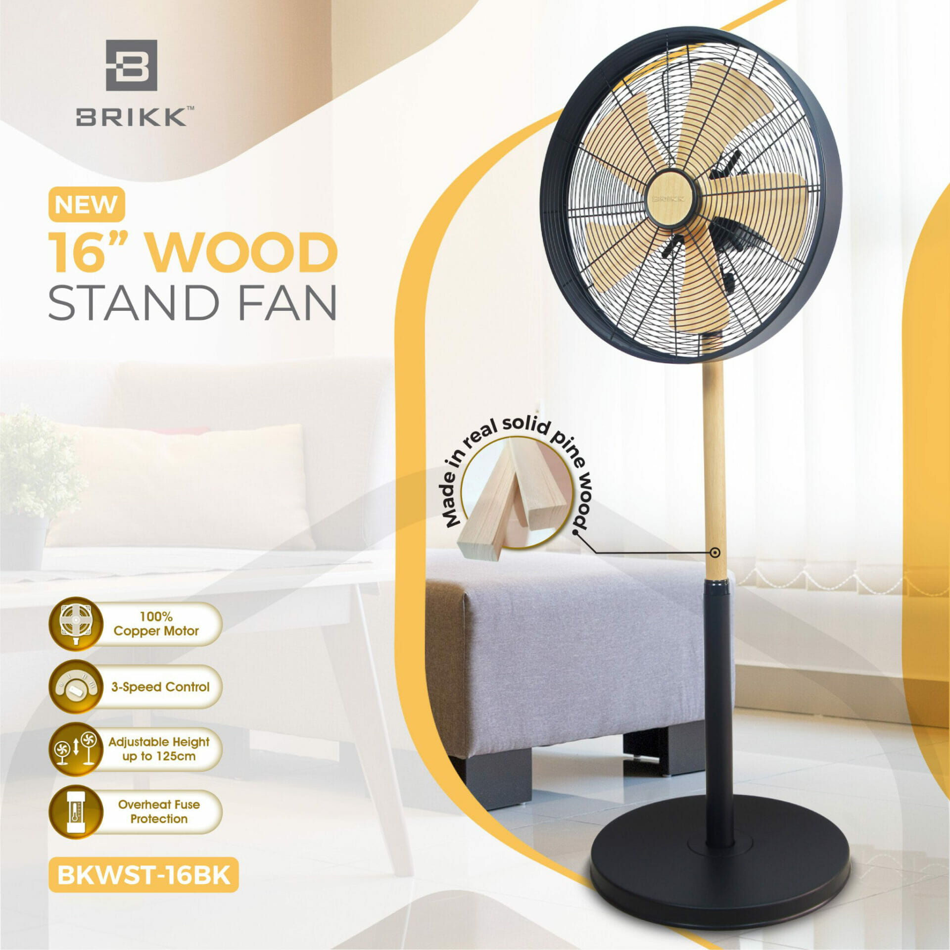 Brikk BKWST-16BK 16" Wooden Stand Fan - Ansons