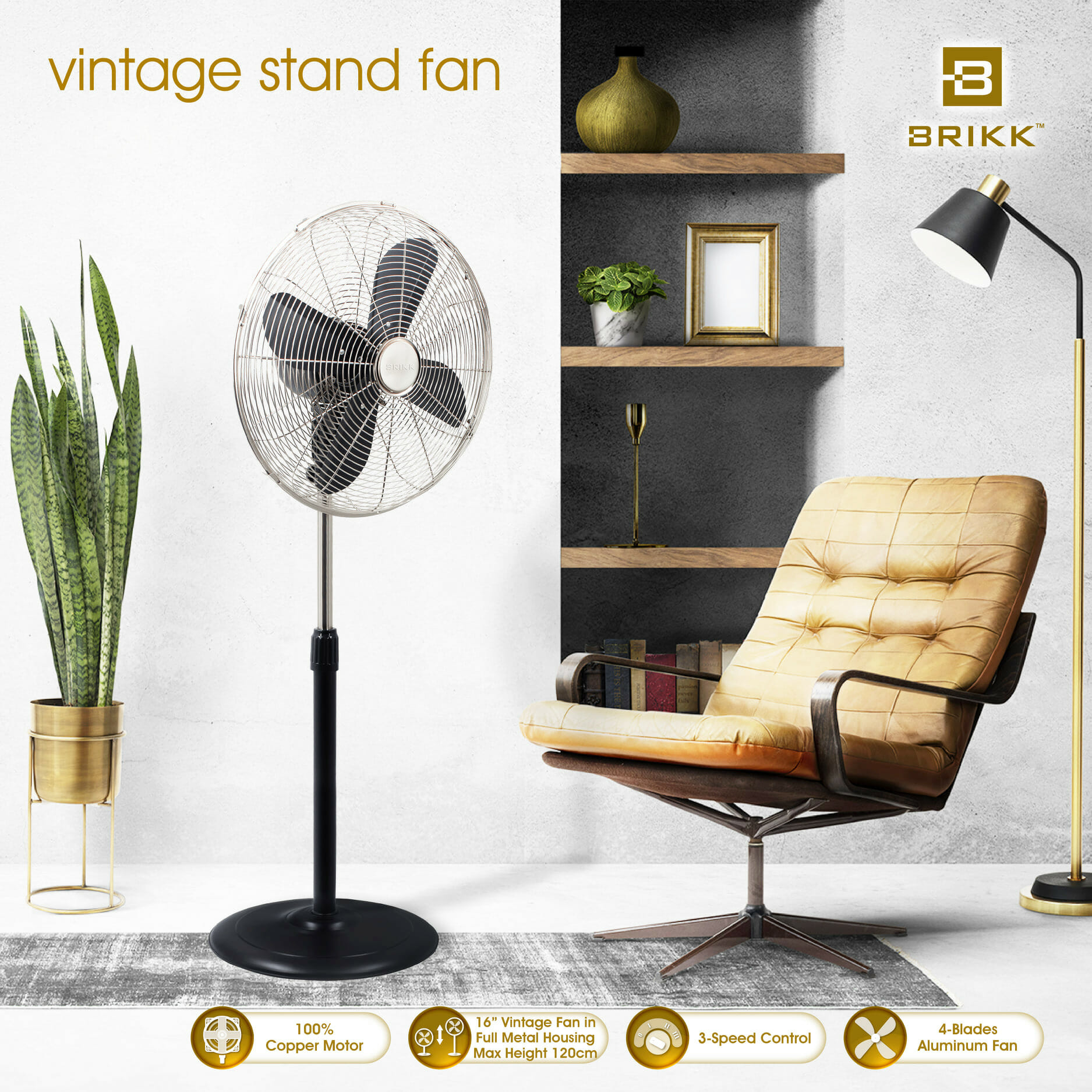 Brikk BRFJ16BLK 16" Vintage Black Stand Fan - Ansons