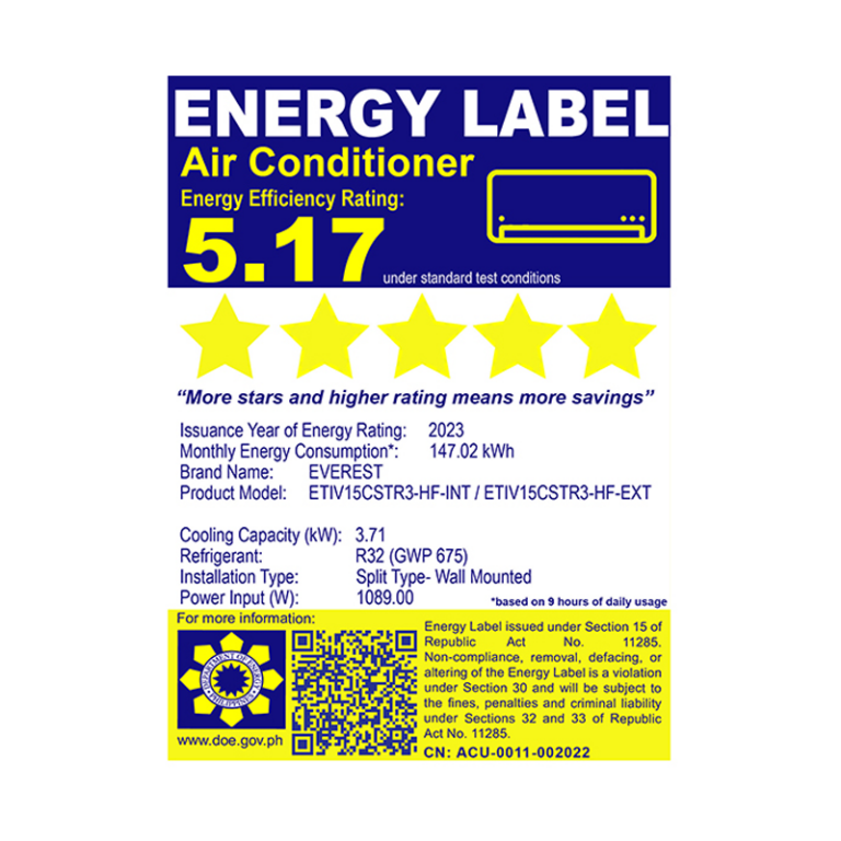 Everest ETIV15CSTR3-HF 1.5 HP Split Type Airconditioner - Ansons